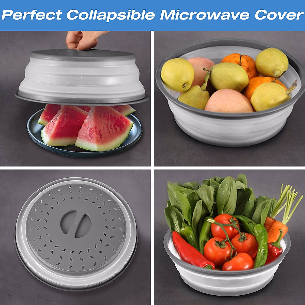2 Pack Collapsible Microwave Cover Splatter Proof Food Plate, 10.5 inch Round With Grip Handle, Kitchen Gadgets Dishwasher Safe and BPA Free