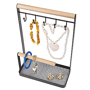 Creative Home Metal 2-Tier Jewelry Tree Stand Hanger Storage Organizer with Black Powder Coating Acacia Wood Hanger Bar for Necklaces Bracelets Earrings Watches Jewelry Display, 4" x 7.9" x 12" H