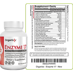 Organixx Enzyme 17 Essential Digestive Enzymes, for Optimal Digestion & Gut Health, Support for Bloating, Gas, Nutrient Absorption & Immunity, Non GMO, Vegan, 80 Veggie Capsules