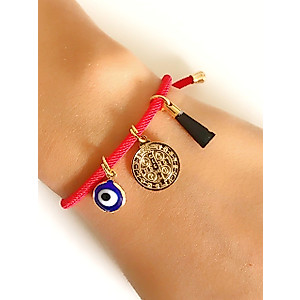 18K Gold Plated Saint Benedict Red String Bracelet Adjustable Charm Evil Eye & Dainty Genuine Azabache Hand