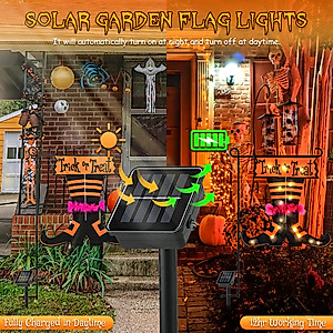 Qunlight Halloween Trick Or Treat Graden Flag lights without flag pole, Double Sided Witch Feet Flag Banner 17.1*17.2Inch ,16 Warm White LED with 8modes Solar Panel, Decorations for Outdoor,Yard ,Home