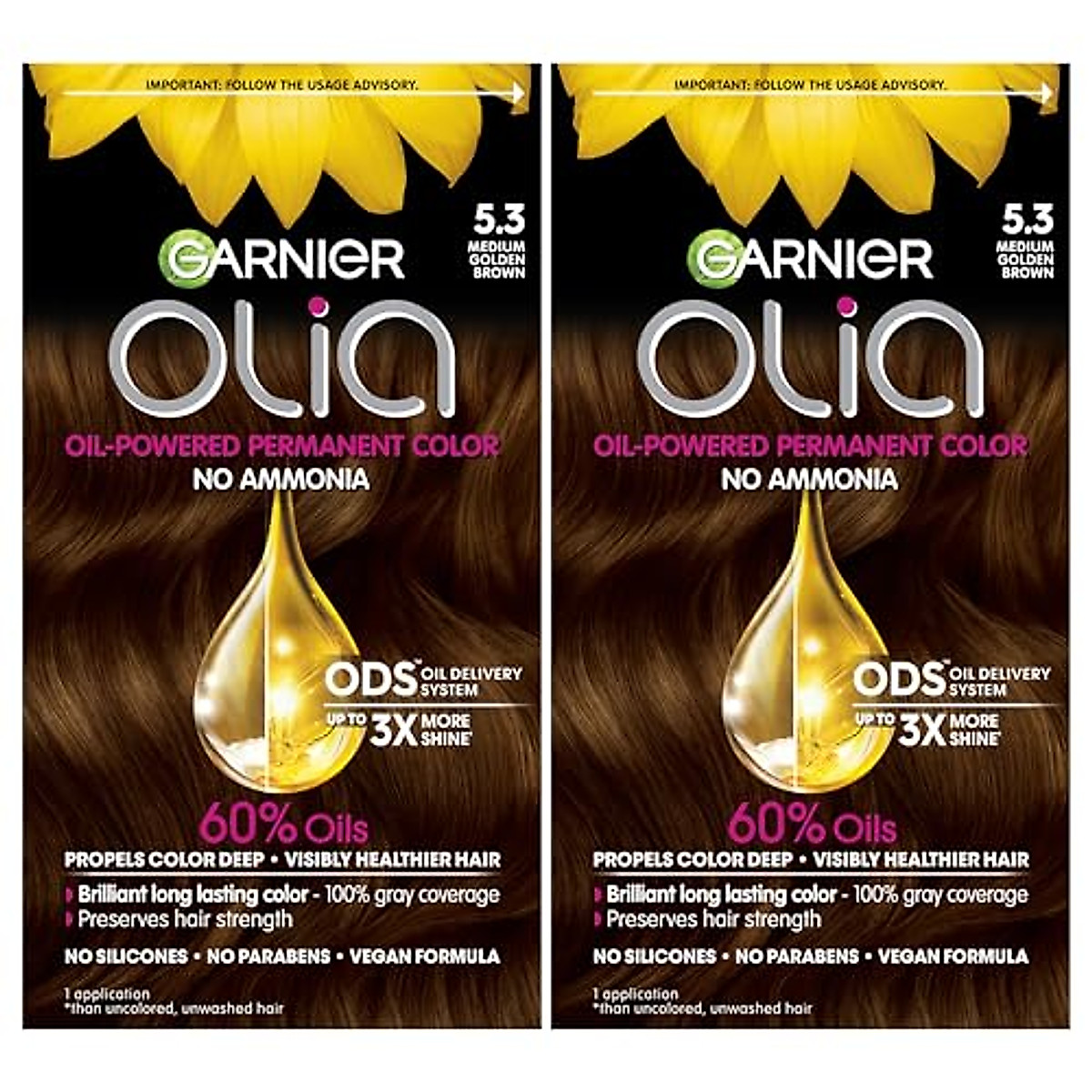 Garnier Hair Color Olia Ammonia-Free Brilliant Color Oil-Rich Permanent Hair Dye, 5.3 Medium Golden Brown, 2 Count (Packaging May Vary)