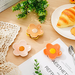 Whaline 4Pcs Flower Coffee Spoon Rest Groovy Retro Flower Ceramic Teaspoon Holder Boho Daisy Sauce Dishes Dipping Bowl Floral Ring Dish for Groovy Retro Boho Party Kitchen Office Home Decor