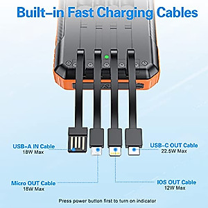 DJKK Solar Power Bank Wireless Charger 33800mAh Built in 4 Cables and LED Camping Lights 22.5W Fast Charging Power Bank 7 Outputs 4 Inputs Portable Charger Compatible with All Mobile Devices (Orange)