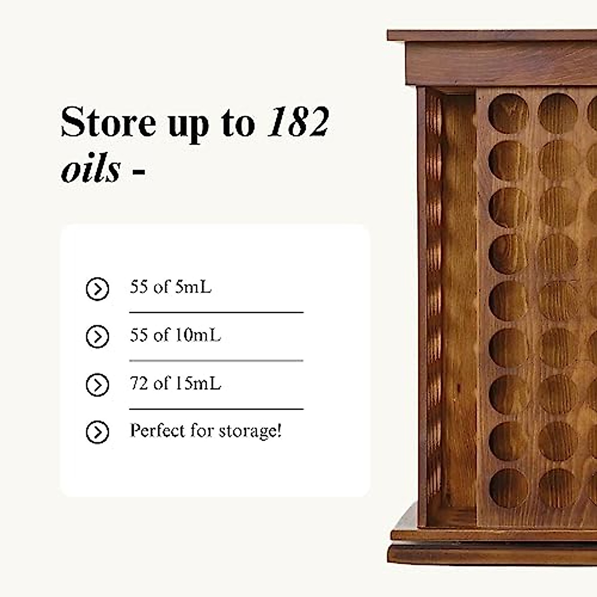 Oil Life - Premium Rotating Wooden Essential Oil Rack with Drawer | Aromatherapy Storage Solution for 182 Bottles | Display Holder for All 15ml Essential Oil Brands (Bottom Drawer Included)