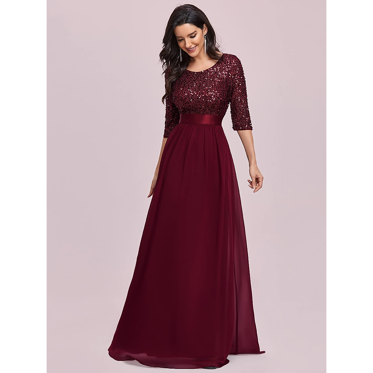Ever-Pretty Women's Elegant A Line Crew Neck Half Sleeve Sequin Maxi Evening Dress Burgundy US24