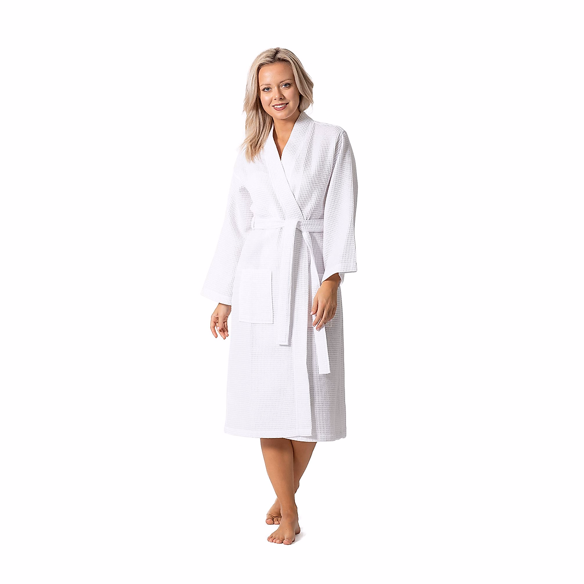 Turkish Linen Waffle Knit Lightweight Kimono Spa & Bath Robes for Women - Quick Dry - Soft (White, Medium)