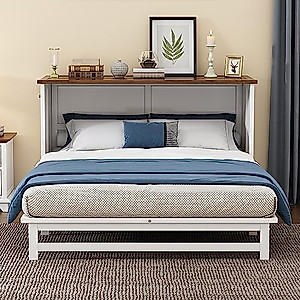 SIYSNKSI Modern Queen Size Murphy Bed Chest, Solid Wood Foldable Platform Bed with Charging Station and Large Storage Drawer, Muti-Functional Cabinet Bed for Home Office or Small Room