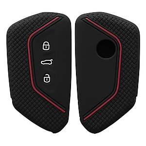 kwmobile Car Key Cover Compatible with VW Golf 8 3 Button Car Key Key Cover - Silicone Protective Car Key Fob Case - Black/Red