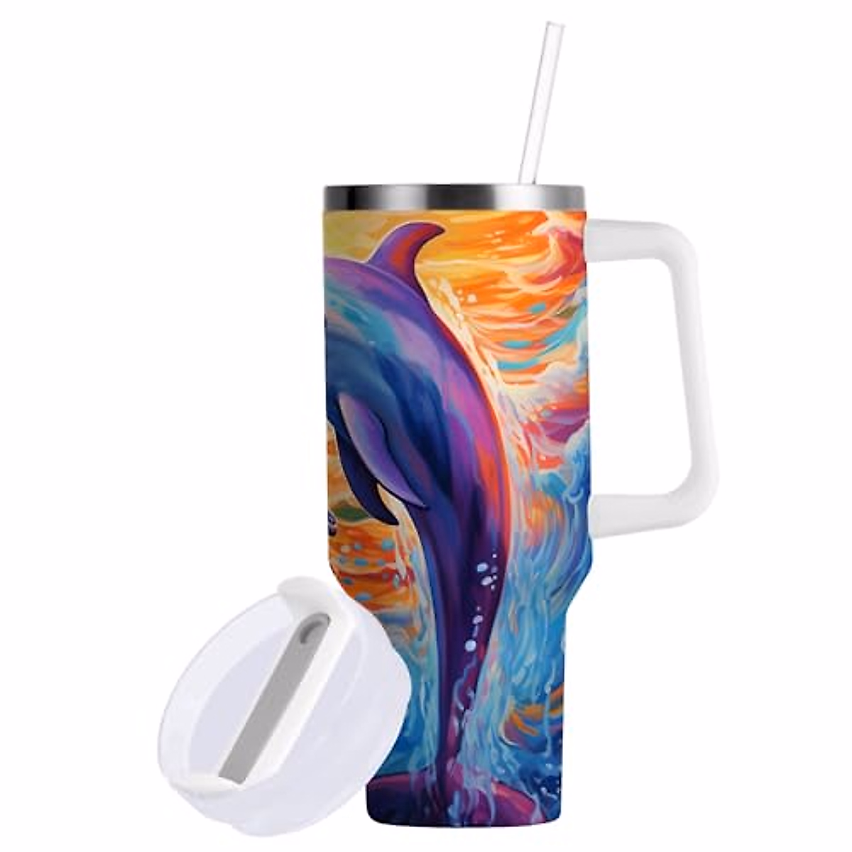 40 oz Sea Dolphins Insulated Tumbler with Handle, Stainless Steel Vacuum Water Bottles with Lid and Straw for Water, Iced Tea or Coffee