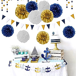 Navy-Blue White Gold Paper Flowers - 15pcs 5 Size Tissue Paper Pom-Poms,Men Birthday Graduation Bachelorette Decorations Baby Boy Room Hanging Decor Engagement Party Backdrop Decoration Panduola