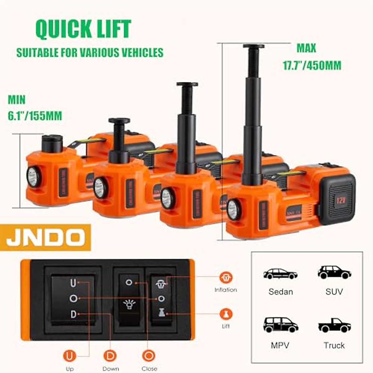 JNDO Electric Car Jack Kit 5 Ton Lifting Range 6.1 to 17.7 Inch Car Jack Hydraulic with Electric Wrench Floor Jack Built-in Inflatable Pump and Led Light Red