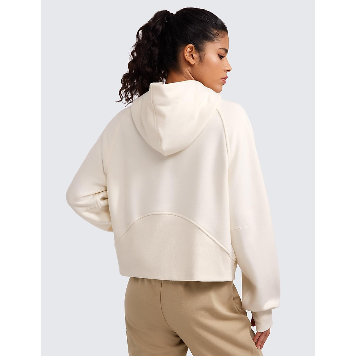 CRZ YOGA Womens Fleece Lined Half Zip Hoodies Pullover Oversized Long Sleeve Casual Workout Sweatshirts with Thumb Holes White Apricot Medium