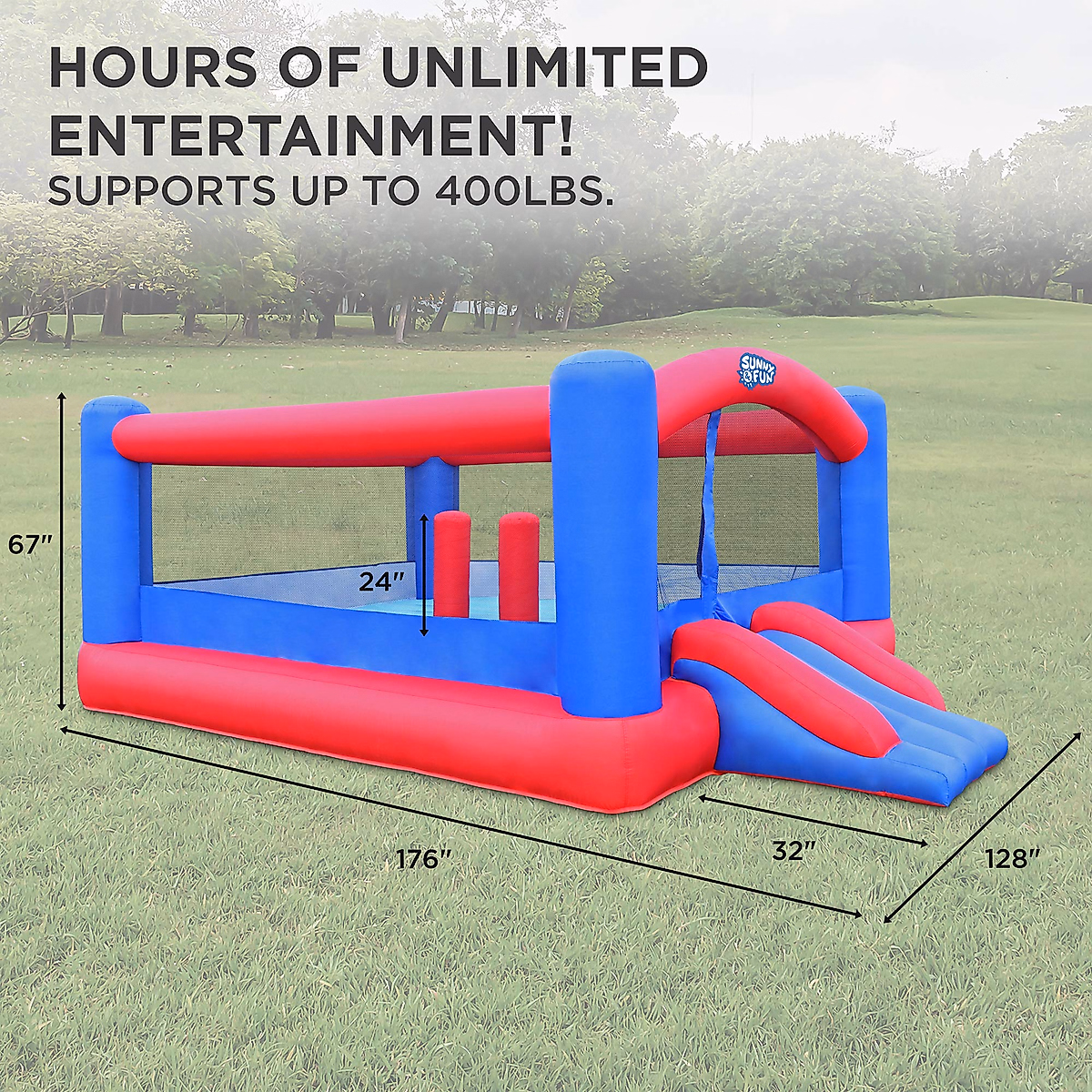 Sunny & Fun Inflatable Bounce House | Giant 12x10.5 Feet Blow-Up Jump Bouncy Castle for Kids with Air Blower, Stakes & Repair Kit | Easy Set Up for Hours of Backyard Play & Party Fun | Ages 3-10