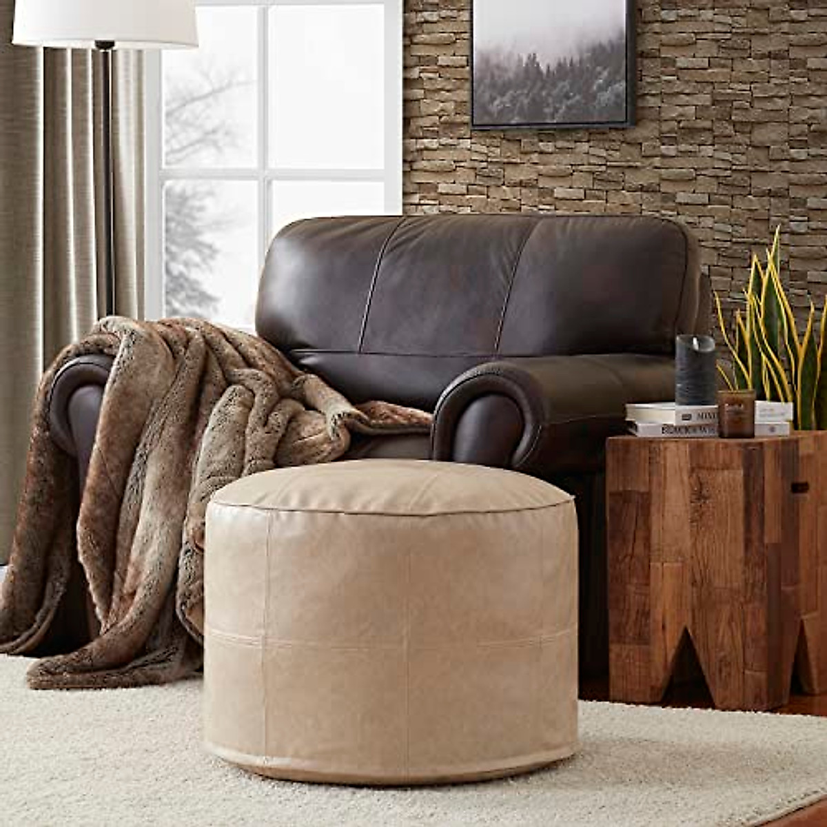 Ornavo Home Faux Leather Unstuffed Round Boho Moroccan Pouf Ottoman, Floor Footrest Cushion for Living Room - Beige