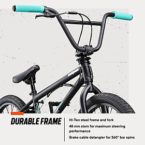Mongoose Legion L10 Kids Freestyle Sidewalk BMX Bike, Beginner Riders, Boys and Girls, 20 Inch Wheels, Hi-Ten Steel Frame, Micro Drive 25x9T BMX Gearing, Black/Teal