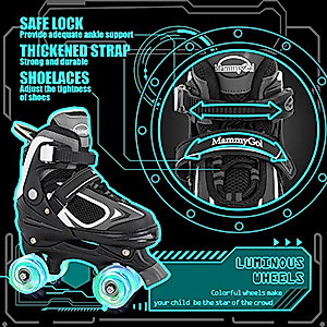MammyGol Roller Skates for Boys Girls, 4 Sizes Adjustable Quad Skates for Kids with All Light up Wheels, Full Protection for Toddler's Indoor and Outdoor Play Black Size 1 2 3