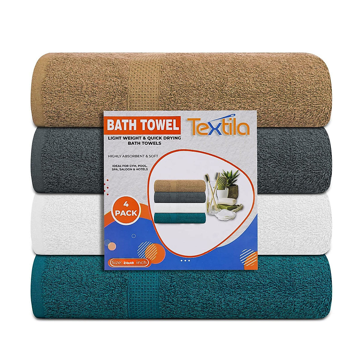 Textila Cotton Bath Towels - Medium Bath Towel 24x48 Inches - Pack of 4 - Multi Color - Soft and Absorbent Towels for Bathroom, Gym, Pool, Spa, Hotel, Home & Hair Wrap Use