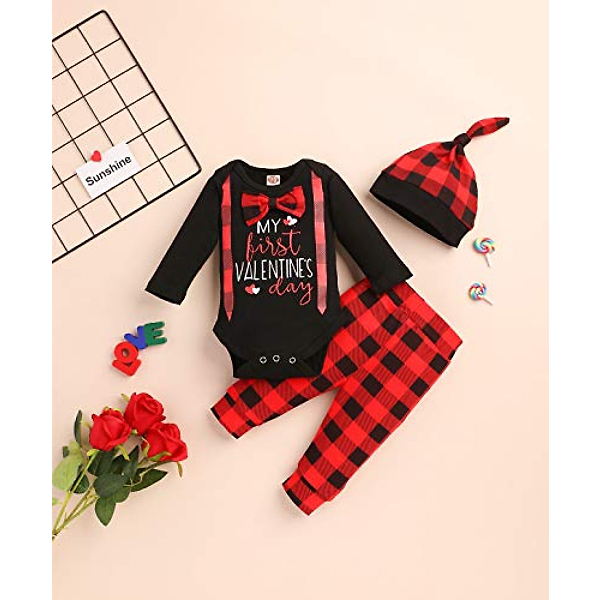Baby Girl Boy Valentine Clothes My First Valentine’s Day Romper Top Cute Pant Newborn Infant 2Pcs Outfit (black, 3-6M)