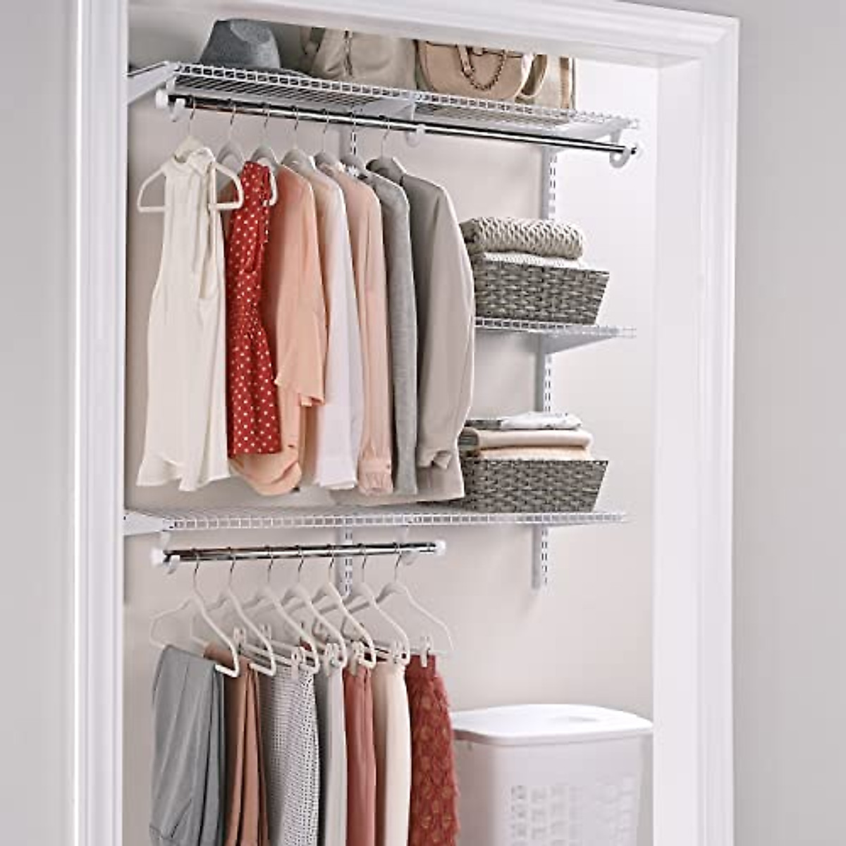 Rubbermaid Configurations Deluxe Closet Kit, White, 4-8 Ft. & Configurations Deluxe Closet Kit, Titanium, 4-8 Ft, Wire Shelving Kit with Expandable Shelving and Telescoping Rods