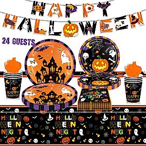 Halloween Party Supplies Tableware Set 170 Pcs, Halloween Night Themed Banner Plates Cups Napkins Knives Forks Spoons Tablecloth for Halloween Party Trick or Treat Party Halloween Table Decorations