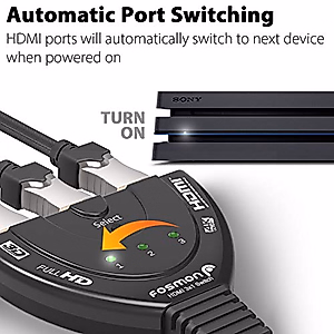 Fosmon 3-Port 4K, 3x1 Switcher (Automatic Switching) Support Ultra 3D HDR Full HD 1080P HDCP, HDMI Splitter Hub Compatible with Apple Roku Fire TV Stick HDTV PS4 Xbox One Chromecast