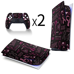 Pink Ribbon Breast Cancer Awareness 3pcs Whole Body Decal Cover Sticker for PS5 Digital Edition for PS5 Console and Controller