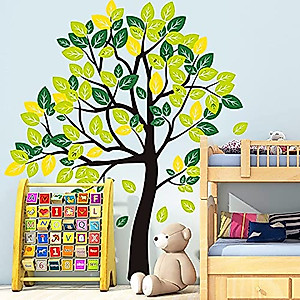 RW-2882 Giant Green Tree Wall Decals Big Tree Branches Leaf Wall Stickers DIY Removable Large Leaves Family Phote Art Wallpaper Decor for Kids Women Bedroom Living Room Nursery Office Home Decoration