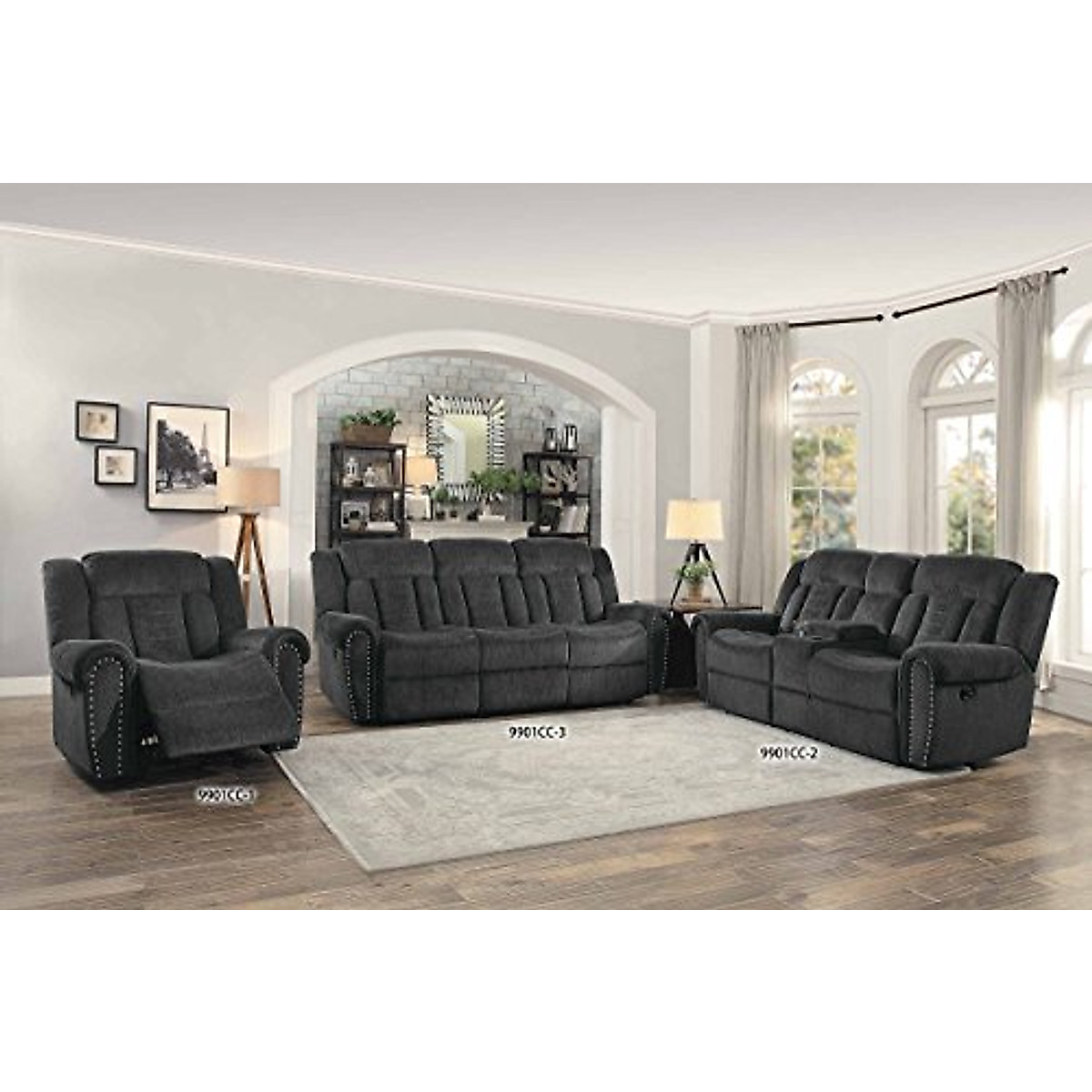 Homelegance Nutmeg Upholstered Double Reclining Loveseat with Console, Charcoal Gray