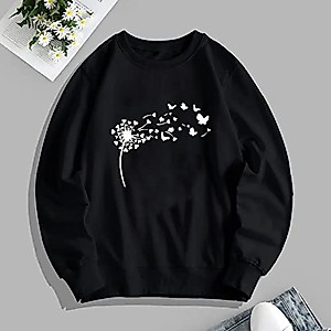 Women Fall Clothes Long Sleeve Sweatshirt Crewneck Printing Loose Casual Sweater Graphic Distressed (Black, M)