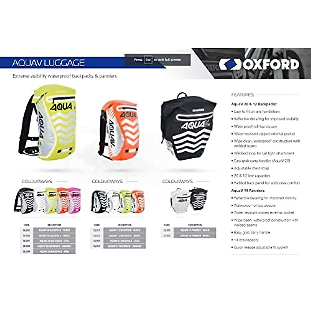 Oxford - Aqua V12 Riding Back Pack