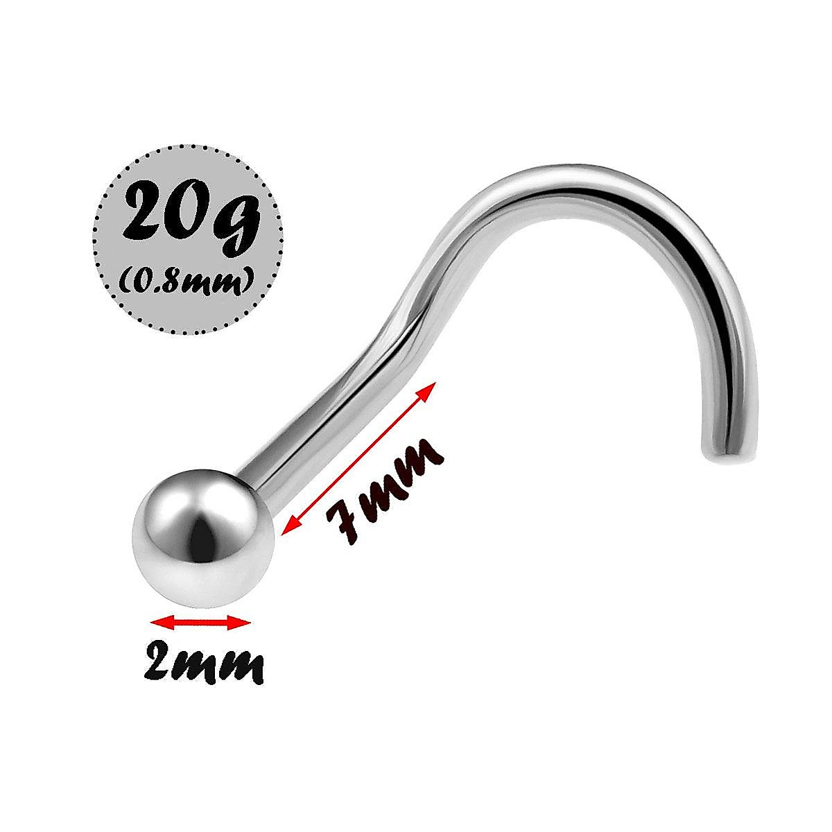 bodyjewellery 4pcs 20g 0.8mm Nose Screw Rings Nostril Stud Surgical Stainless Steel 2mm Cone Spike 2mm Ball