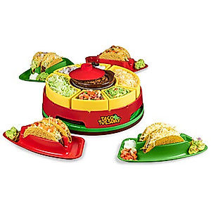 Taco Tuesday Heated Lazy Susan Taco Bar Serving Set for a Party with 4 Tortilla Holders, Fondue Pot for Burritos, Nachos, and Fajitas - 20 Oz. - Red