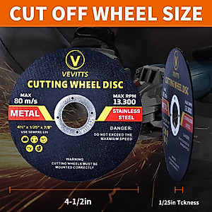 Vevitts 100 Pack Cut Off Wheels 4 1/2 inch, Cutting Wheel, Thin Cutting Disc Die Grinder Cut-Off Wheel for Angle Grinder Metal & Stainless Steel Rotary Tool Drill Attachment 4-1/2" x 1/25" x 7/8"