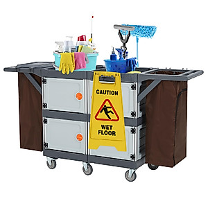 Commercial Janitorial Cart with 4 Cabinet - Black Housekeeping Caddy with Cover, Shelves, Service Cart, and Vinyl Bag