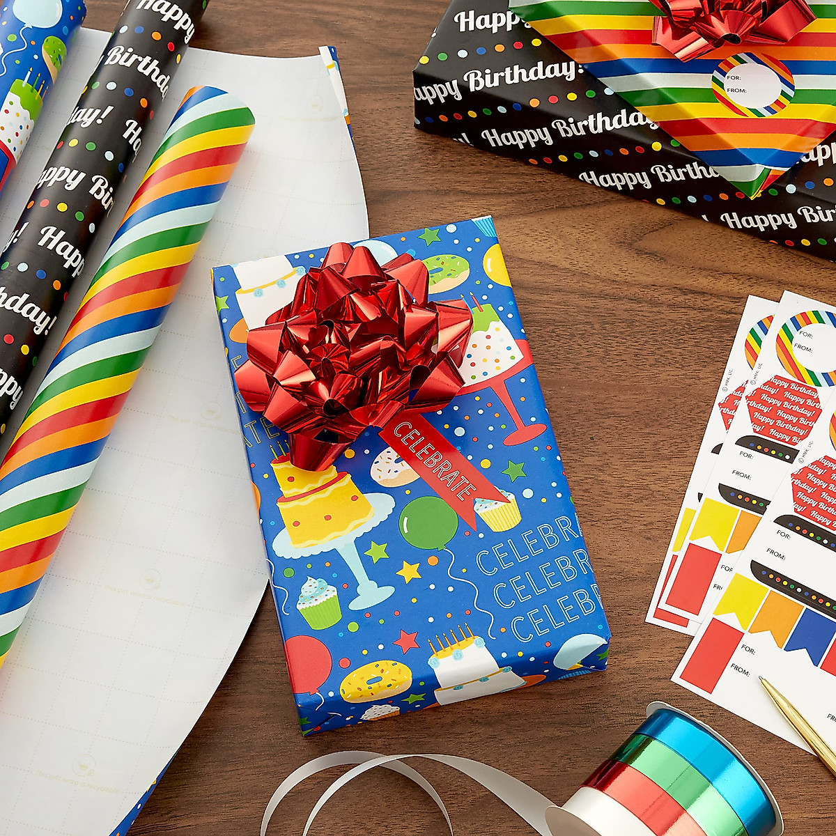 Hallmark Birthday Wrapping Paper Set (3 Rolls: 90 Sq. Ft. Ttl, 10 Bows, Ribbon, Gift Tag Stickers) Rainbow Stripes, Cake, "Happy Birthday" for Kids and Adults