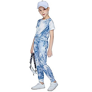 Arshiner Tie Dye Jogger Sets for Girls Casual Twist Front Tops & Pants Set Dusty Blue 8-9 Years Old