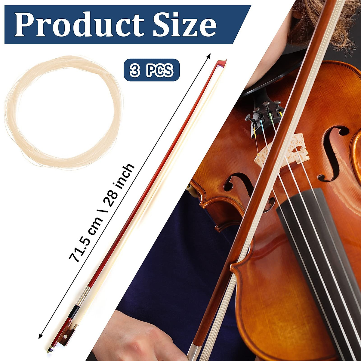 3 Hanks Violin Bow Hair Replacement Kit Violin 31.5 Inches Fiddle Bow Rehair Tools Musical Bow Hair Violin Mongolian Horse Hair for Violin Cello Accessories, White