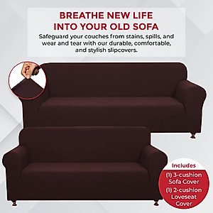 Sapphire Home 2-Piece Sofa and Loveseat Slipcovers, Couch and Loveseat Covers Set, Form fit Stretch, Wrinkle Free, Furniture Protector, Sofa Covers for Living Room, Polyester Spandex (Coffee)