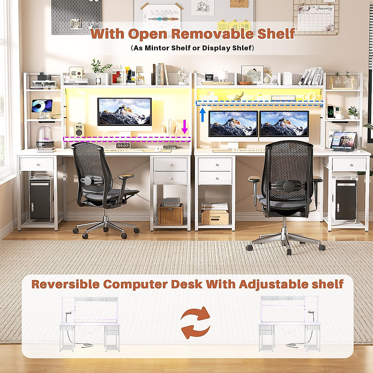 Aheaplus Desk with LED and Outlets, Gaming Desk with Hutch, 55.2'' Computer Desk with Drawers, Reversible Office Desk with Storage Bookshelf Large Workstation Desk with Shelf, Desk for Home, White