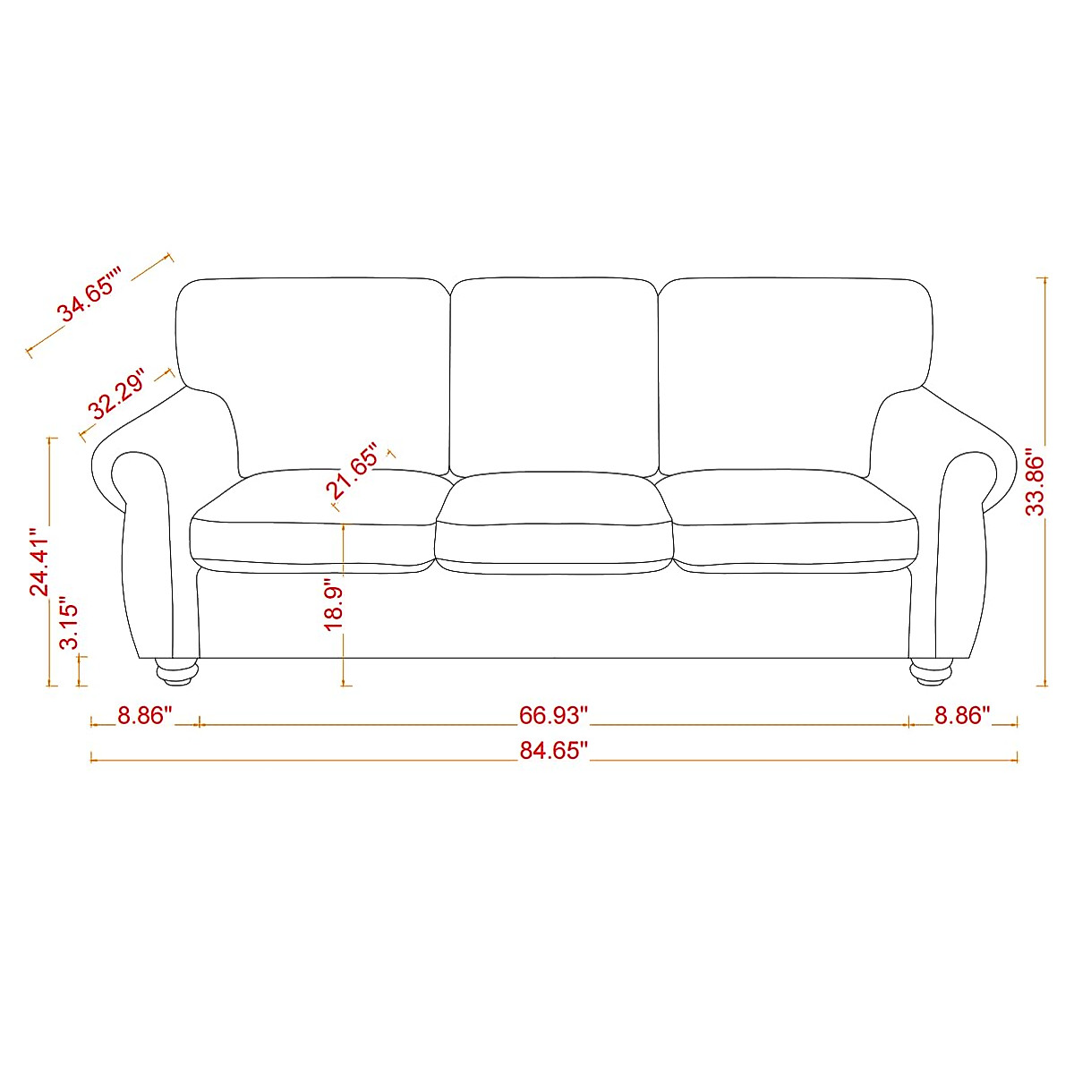 GIA Furniture Home Series Mid-Century Modern 84.65'' Wide Fabric Chenille Couch 3-Seater Sofa with Solid Wood Frame and Brown Legs,Beige