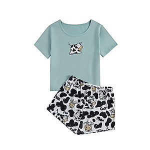 SweatyRocks Women's Cute Graphic Print Short Sleeve Crop Top with Shorts Pajama Set Blue Black Cow M