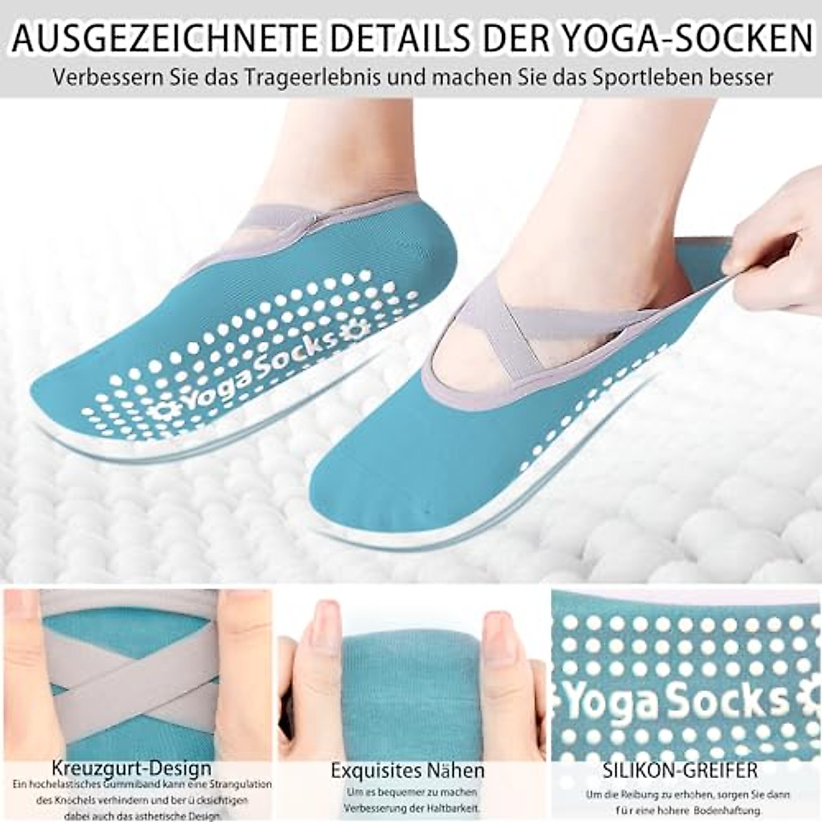 Minmex Yoga Socks for Women-1 Pairs Thin Non Slip Grip Socks with Straps for Pilates,Ballet, Dance, Barefoot Workout Blue