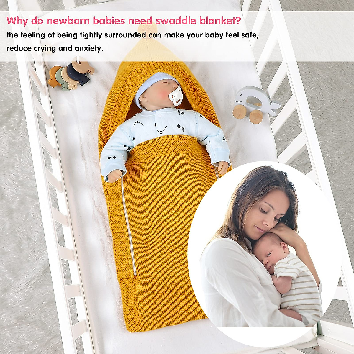 Newborn Baby Swaddle Blanket Knitted Baby Hooded Sleeping Bag Soft Warm Stroller Wrap Cozy Receiving Blanket for 0-6 Months Boys Girls (Yellow)