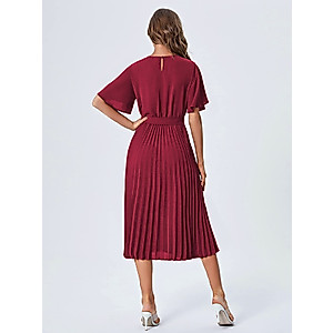 Milumia Women's Elegant Belted Pleated Flounce Sleeve Long Dress Burgundy Large