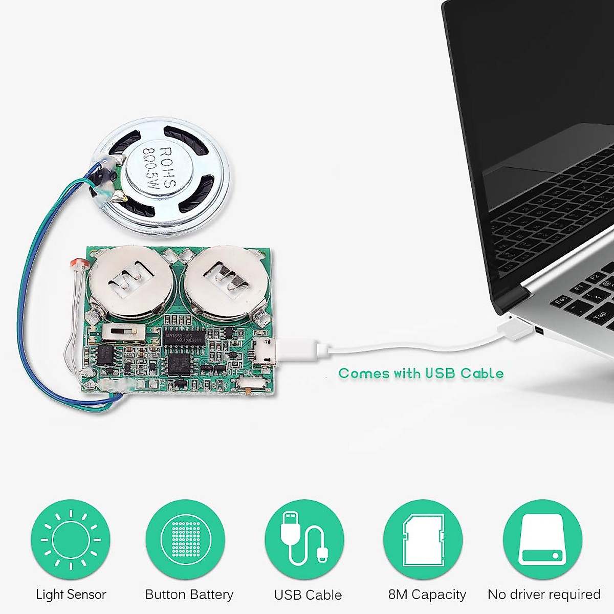 Icstation DIY Light Sensor Sound Module, Micro USB Recordable Sound Chip 8M Memory Speaker Talking Programmable Music Player Box for Birthday Greeting Card Anniversary Present