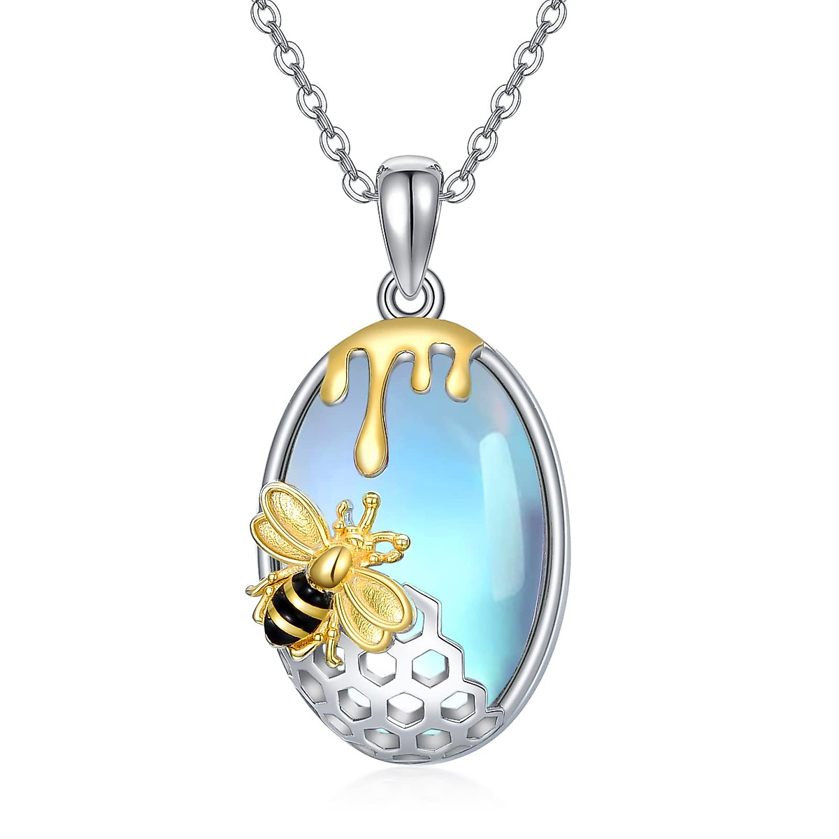YAFEINI Bee Jewelry Necklace Sterling Silver Honeycomb Honey Bee Moonstone Pendant Necklace Jewelry Christmas Gifts for Women Teen Girls (Moonstone oval bee necklace)