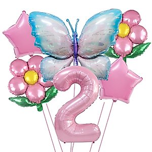 2nd Birthday Decorations Butterfly Balloon,Pink Blue Butterfly Fairy Floral Foil Balloons for Girl 2 Years Old Birthday Party Decorations Baby Shower Supplies…