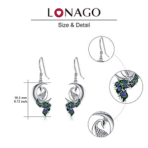 Peacock Moon Dangle Earrings 925 Sterling Silver Crescent Half Moon Peafowl Drop Dangling Earrings Jewelry Gifts for Women
