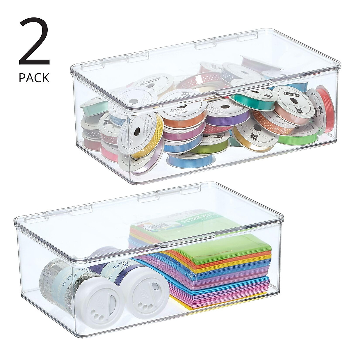 mDesign Plastic Craft Stackable Storage Organizer w/Hinged Lid - Easy-to-Carry Crayon, Bead, Sewing, Hobby Supply Container - Arts and Crafts Organizer Storage Box - Lumiere Collection, 2 Pack, Clear